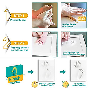 1Dino Premium Baby Handprint and Footprint Kit - 11.6” x 9.3" White/Grey Wood Baby Picture Frame - Includes 2X Air-dry Clay Pack for Baby Hand and Footprints - Baby Registry, Baby Shower Gifts
