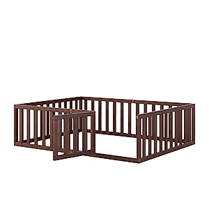Harper & Bright Designs Full Size Floor Bed for Kids, Montessori Bed Frame with Guardrails and Door, Wooden Floor Bed for Kids, Boys Girls (Full Size, Walnut)