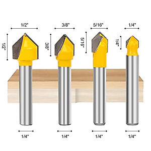 Yueqing Zhongji Industrial Grade 1/4 Shank 90 Degree V Groove Router Bits CNC Engraving V Grooving Bit Cutter for 3D Signmaking Lettering Carving Woodworking Tool Cutting Dia 1/2", 3/8", 5/16", 1/4"