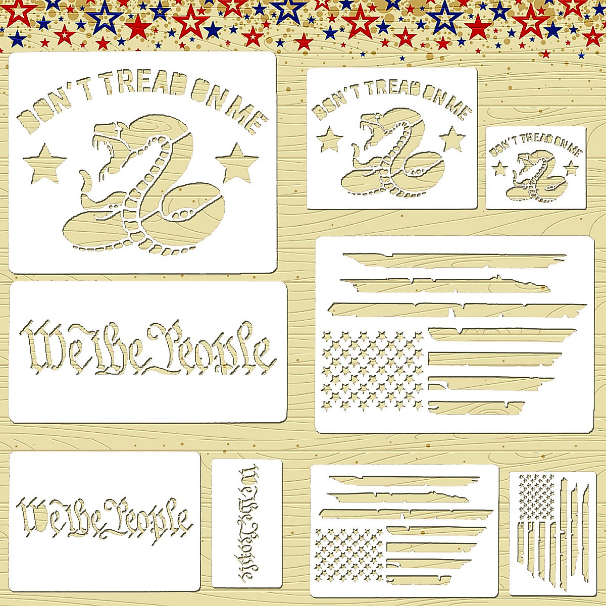 9 PCS American Flag Stencils We The People Stencil Don't Tread On Me Stencils Reusable Tracing Templates Tracing Stencils for Adults Stencils for DIY Card Albums Wall Floor Crafts Decors