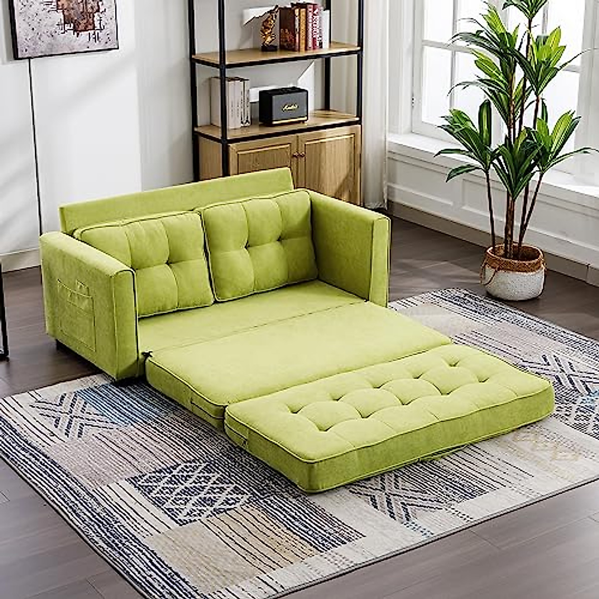 GIA Furniture Home Series Mid-Century Modern 60" Upholstered Convertible Loveseat with Side Pocket for Living Room,Green