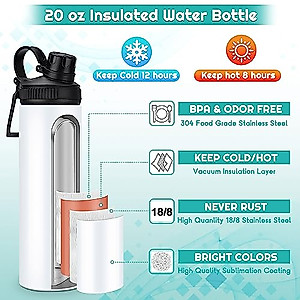 TOVERKAU 8 Pack 20 OZ Sublimation Sport Water Bottles Sublimation Tumblers Skinny Straight Bulk, Vasos para Sublimar, Sublimate Cups Blanks for Vinyl Project, Stainless Steel, Insulated, Twist Lid