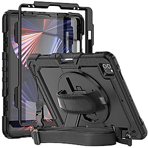 Herize Case Compatible with iPad Pro 12.9 inch 6th/5th/4th Generation with Screen Protector Pencil Holder | Full Body Shockproof Rugged Protective Rubber Case W/Stand Strap | Black