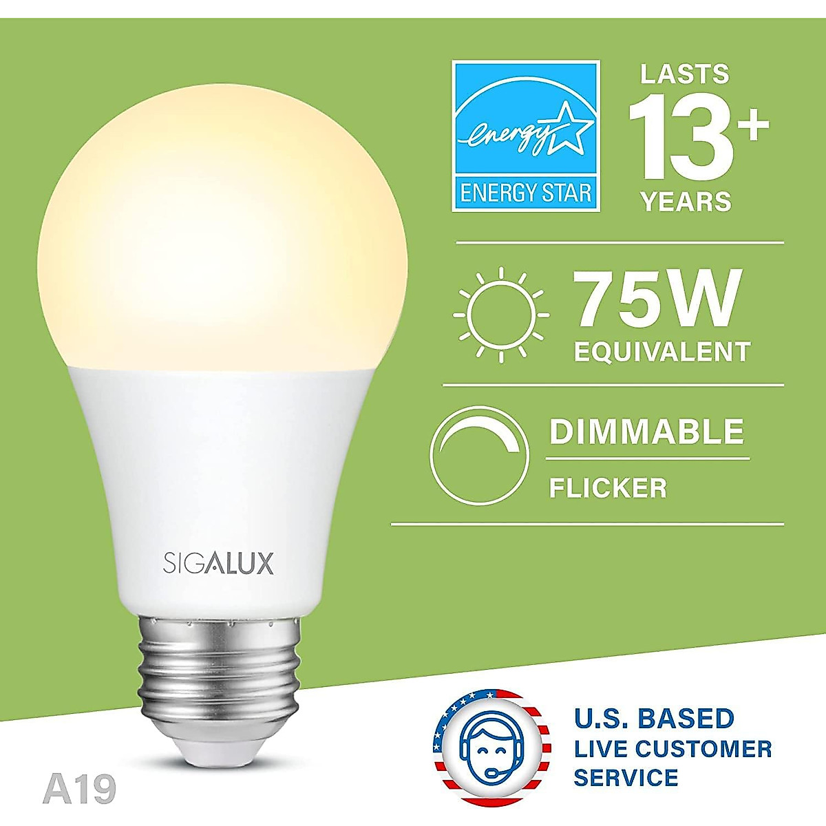 Sigalux A19 LED Light Bulb Energy Star Certified, 75 Watt Equivalent, Dimmable LED Bulb Soft White 2700K 1100LM 11.5W, E26 Standard Led Bulbs, UL Listed, 6 Pack,0075682701