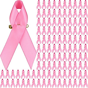 Yunsailing 150 Pcs Breast Cancer Ribbons Pink Ribbon Pins Breast Cancer Awareness Satin Pins Bulk with Safety Pins for Breast Cancer Charity Event Fundraising Campaign Party Supplies, 3 x 2.6 Inches