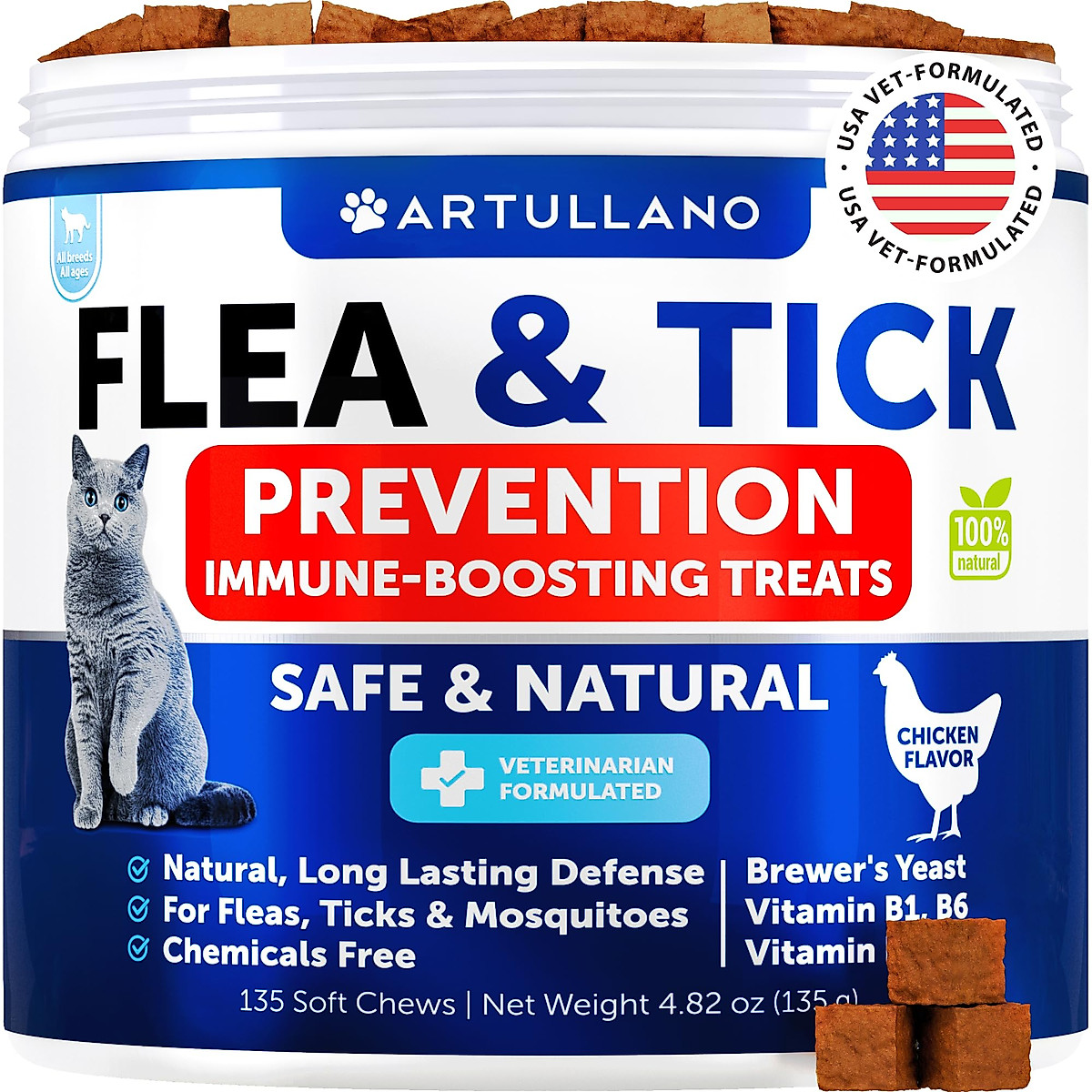 Flea Treatment for Cats - Flea and Tick Prevention for Cats Chewables - Natural Flea and Tick Supplement for Cats - Oral Flea Pills for Cats - All Breeds and Ages - Made in USA - 135 Chews