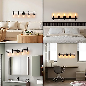 foucasal Black Bathroom Light Fixtures 5-Light Bathroom Vanity Light with Clear Glass Shade, Industrial Matte Bathroom Wall Lights for Bathroom Bedroom Hallway Living Room (E26 Base)