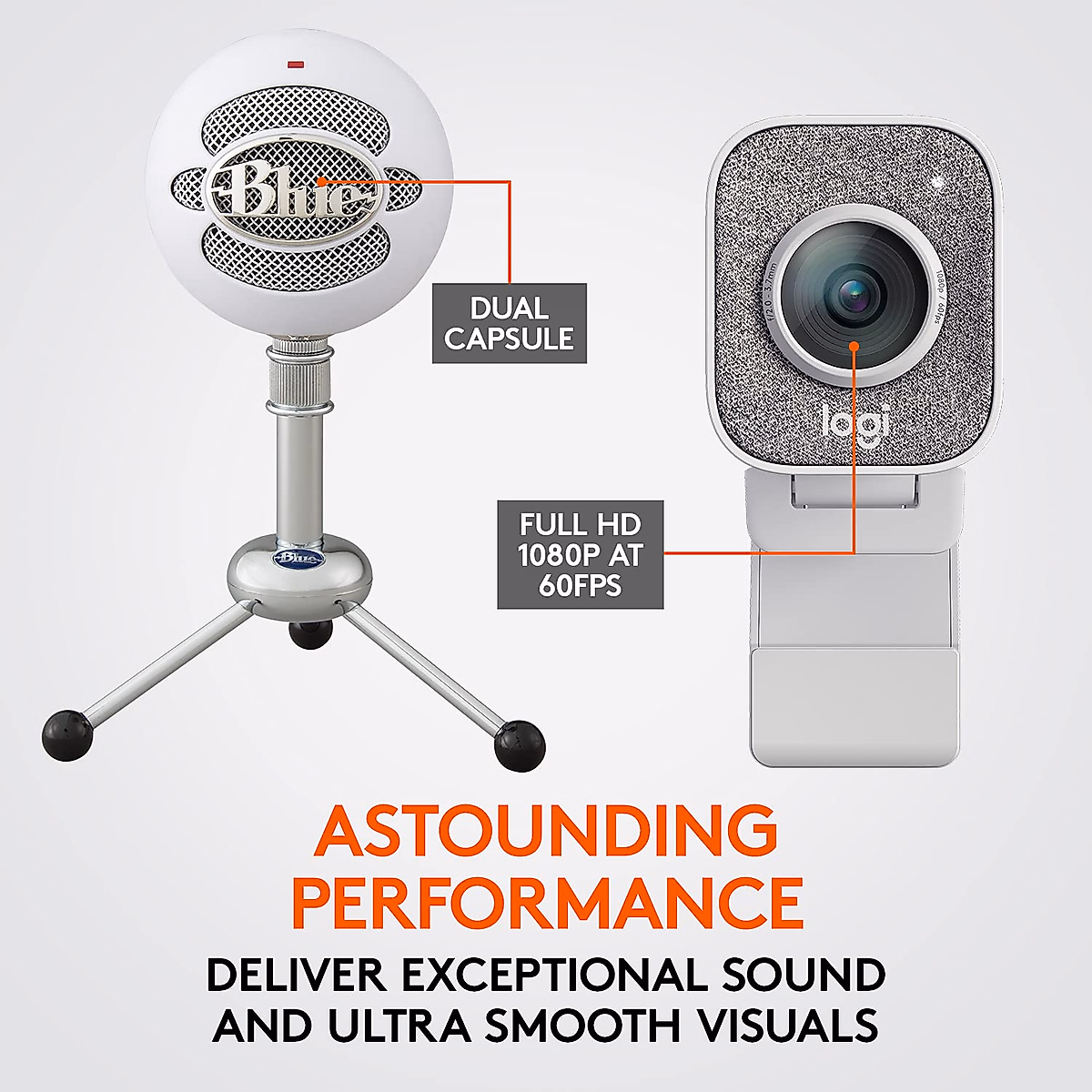 Logitech for Creators StreamCam Premium Webcam, Full HD 1080p 60 fps, Premium Glass Lens, Smart Auto-Focus, White and Blue Snowball USB Microphone – Textured White