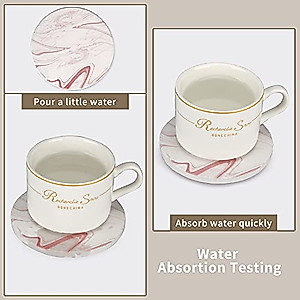 6 Pcs Cute Pink Marble Coasters with Holder Absorbent Ceramic Cup Coasters Best Decorative Round Cool Coaster Set Bar Modern Coasters Table Drink Coasters