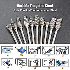 Handook Tungsten Carbide Double Cut Burr Set, with 1/8" Shank 1/4" Grinding Head Length Tungsten Steel for Grinder, DIY Wood-Working Carving, Soft Metal Polishing, Engraving, Drilling(10pcs)