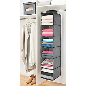 mDesign Long Soft Fabric Over Closet Rod Hanging Storage Organizer with 6 Shelves for Clothes, Leggings, Lingerie, T Shirts - Textured Print with Solid Trim - 2 Pack - Charcoal Gray/Black