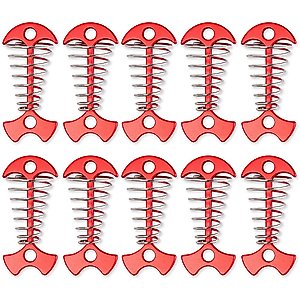 Alnicov 10Pcs Deck Plank Board Tent Stakes,Fishbone Deck Anchor Pegs with Spring Buckle for Outdoor Camping Hiking,Red