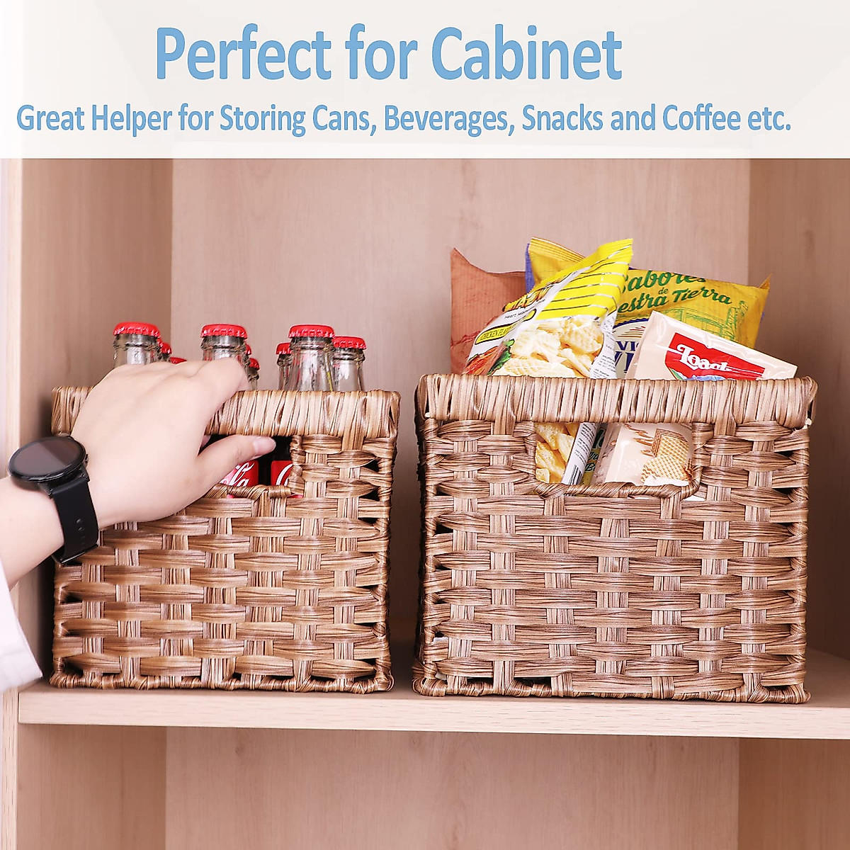 ROSOS Wicker Baskets 2 Pack, Rectangular Wicker Storage Basket with Handles, Waterproof Plastic Large Wicker Baskets for Storage, Nesting Hand-Woven Storage Baskets for Pantry Storage