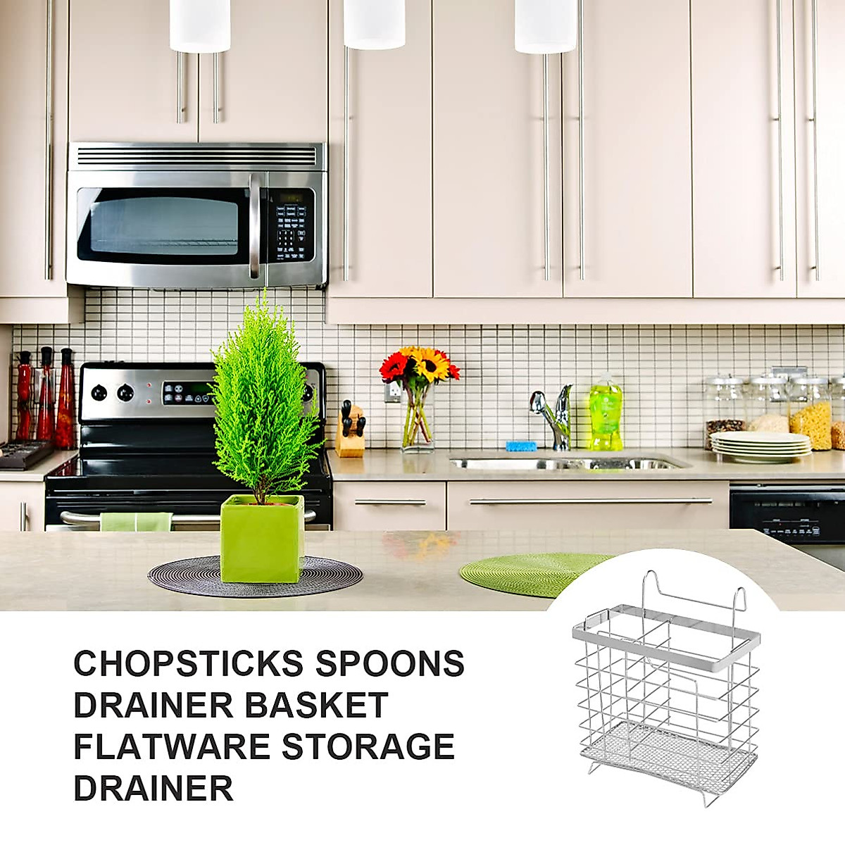 OSALADI Dish Drying Rack Stainless Steel Kitchen Utensil Holder Square Kitchen Caddy Sink Organizer Chopsticks Holder Hanging Kitchen Utensil Organizer Wire Storage Holder