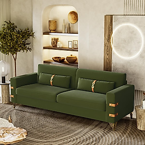 LostCat 85'' Velvet Sofa, Chesterfield Velvet Comfy Sofa Couch with Extra Deep Seats, Upholstered Mid-Century Modern Love seat, Modern Sofa- 3 Seater Sofa with Extra Deep Seats, Green