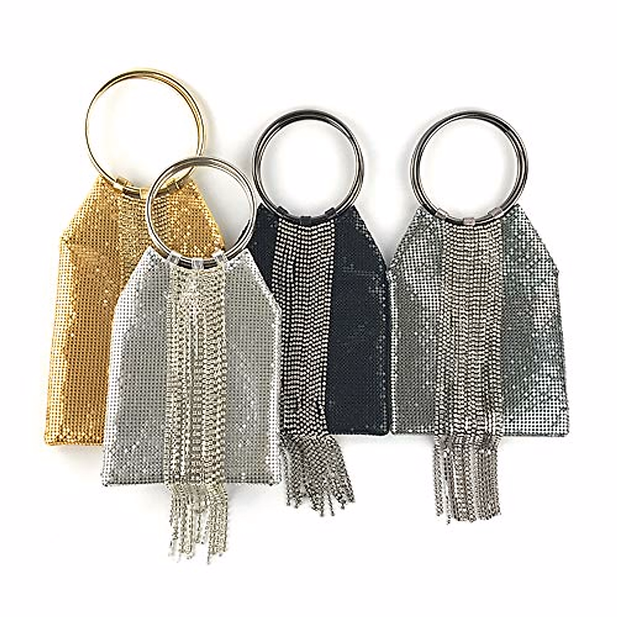 Wrist Handle Cocktail Party Wedding Evening Clutch Crystal Rhinestone Tassels Tote Handbag Metal Mesh Evening Bag