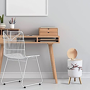 Small Trash Can with Lid Bird on Cherry Blossoms Branches Ink Oriental Style Painting 7 Liter Round Garbage Can Elasticity Press Cover Lid Wastebasket for Kitchen Bathroom Office 1.8 Gallon