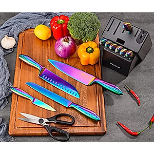 WELLSTAR Rainbow Knife Set 14 Pieces, Iridescent German Stainless Steel Kitchen Knives Set with Wooden Block, Colorful Titanium Coating, Chef’s Knife Block Set with Scissors and Built-in Sharpener