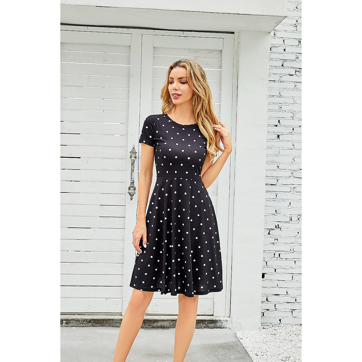 MicroStar dresses for women 2023 Slim Short Sleeve Round Neck A Line Fit and Flare Knee Length Sun Dress Black Polka Dot