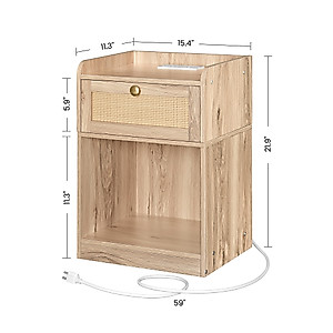 CHOEZON Nightstand with Charging Station, Side Table with Rattan-Style Drawer and Storage Shelf, Modern Rattan Night Stand with 2 USB Ports, Boho End Table Bedside Table for Bedroom, Natural MBZ01UWO