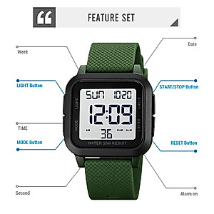 Forrader Mens Sport Digital Watches, Waterproof Outdoor Sport Watch with LED Backlight/Alarm/Countdown Timer/Dual Time/Stopwatch/12/24H Wrist Watches for Men Women Teenager, White/Green, strap