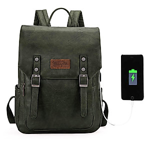 Wrangler Backpack for Women & Men Vegan Leather Travel Laptop Backpack Purse College Dark Green Backpack with USB Charging Port
