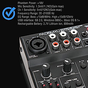 Pyle 3 Channel DJ Controller - USB Mixer Sound Audio Recording Interface with XLR & 3.5 mm Microphone Jack, Line In RCA, Rechargeable Battery, Mix Monitoring, For Professional/ Beginners - PAD15MXU