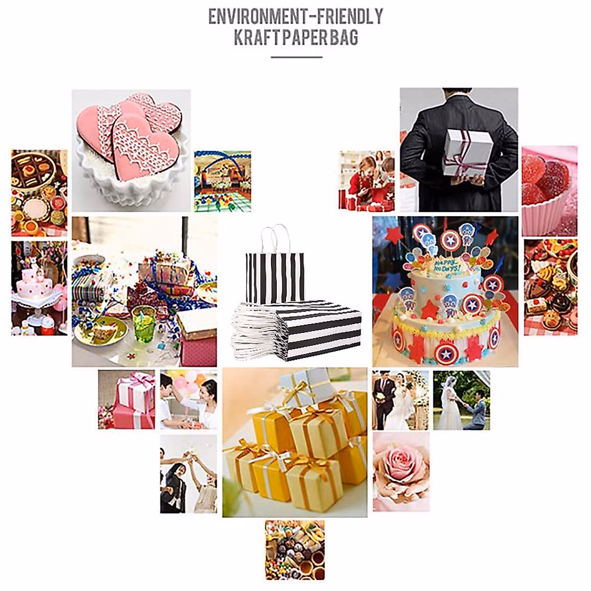 ADIDO EVA 25 PCS Black and White Striped Gift Bags Small Kraft Paper Bags with Handles for Party Favor (8.2 x 6 x 3.1 In)