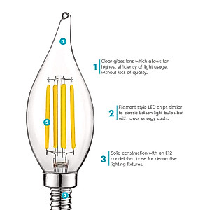 LUXRITE Vintage Candelabra LED Bulb 60W Equivalent, 550 Lumens, 3000K Soft White, LED Chandelier Light Bulbs 5W, Dimmable, Flame Tip Clear Glass, Filament LED Candle Bulbs, E12 Base (12 Pack)