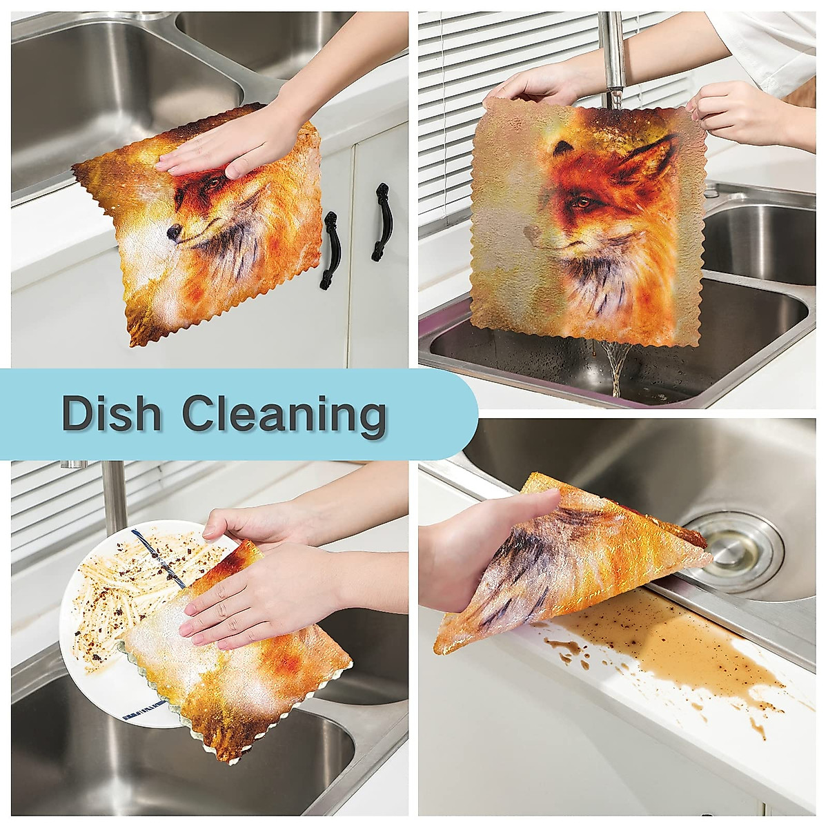 SUABO 6 Pack Dish Cloths for Washing Dishes, Wild Fox Dish Towel Rags Hand Towels for Kitchen Cleaning Counters