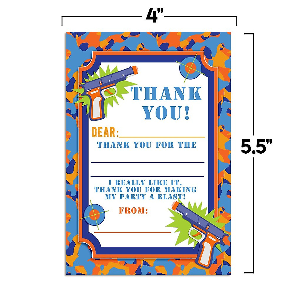 Dart Gun Themed Thank You Notes for Kids, Ten 4" x 5.5" Fill In The Blank Cards with 10 White Envelopes to match Invitations by AmandaCreation