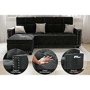 Ucloveria Reversible Sectional Sofa Couch, Sleeper Sofa Bed with Storage Chaise Pull Out Couch Bed for Living Room L-Shape Lounge 2 in 1 Sectional Couch with Pull Out Bed Black