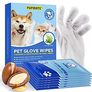 PUPMATE Pet Cleaning Glove Wipes for Dogs & Cats, Hypoallergenic Deodorizing Disposable No-Rinse Grooming Wipes, Extra Thick Bathing Wipes,Perfect for Pet Dry Cleaning,Daily Care and Travel,6 pcs