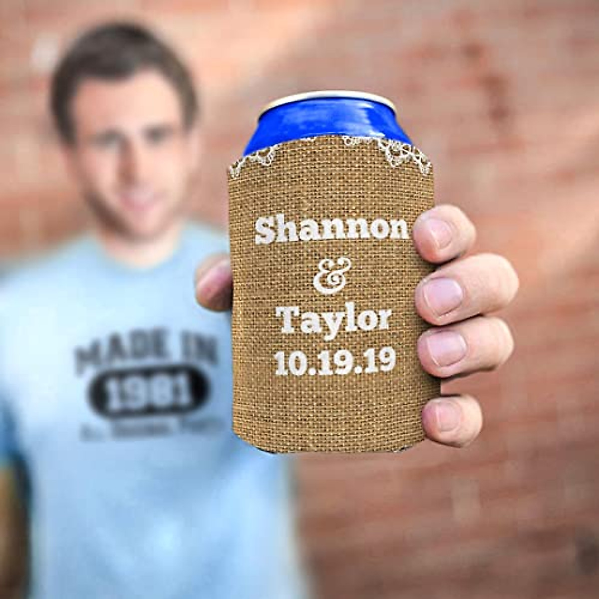 To Have and to Hold Custom Name Wedding Coolie 48-pack Custom Can Coolie Coolies Simulated Burlap