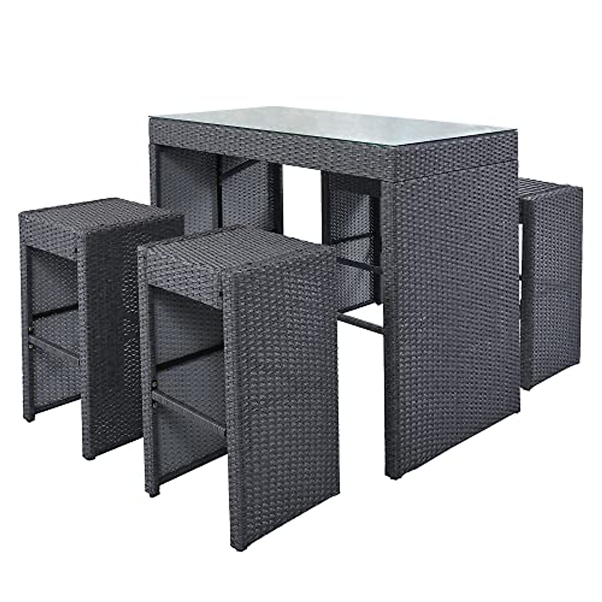5-Piece Outdoor Patio Wicker Bar Set, Garden PE Rattan Wicker Dining Table, Square Stool Set, Glass Tabletop, High-Dining Bistro Set with 4 Stools and 1 Wood Table (Grey2-5PCS)