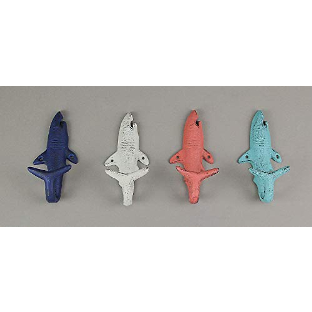 Set of 4 Cast Iron Coastal Shark Tail Wall Hooks Decorative Nautical Beach Bathroom Towel Or Coat Hanging Decor