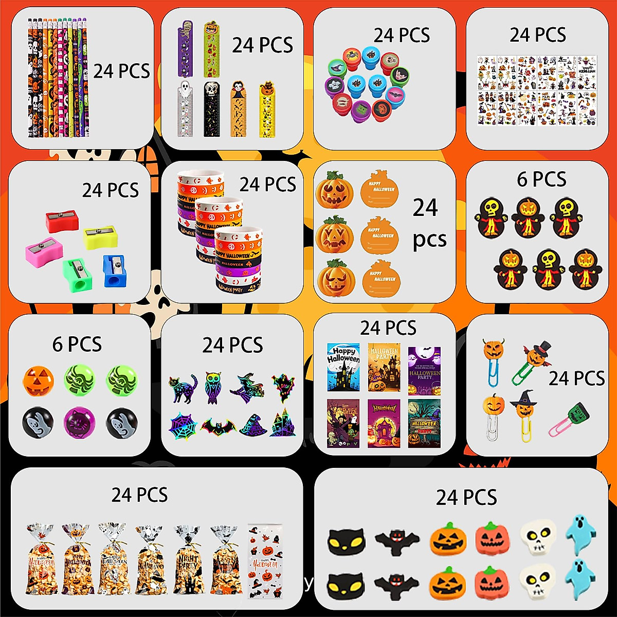 300 Pcs 24 Pack Halloween Stationery Set with Cards, Halloween Party Favors for Kids, Bulk Halloween Toys Party Favors,Halloween Goody Bag Fillers Trick or Treat Non Candy Fillers Classroom Prizes