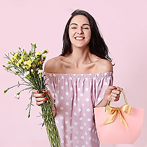 45 Pcs Gift Bags with Handles Paper Party Favor Bag Bulk Pink Paper Bags with Gold Bow Ribbon Pink Candy Bags for Birthday Wedding Bridesmaid Holiday Christmas Valentine's Day