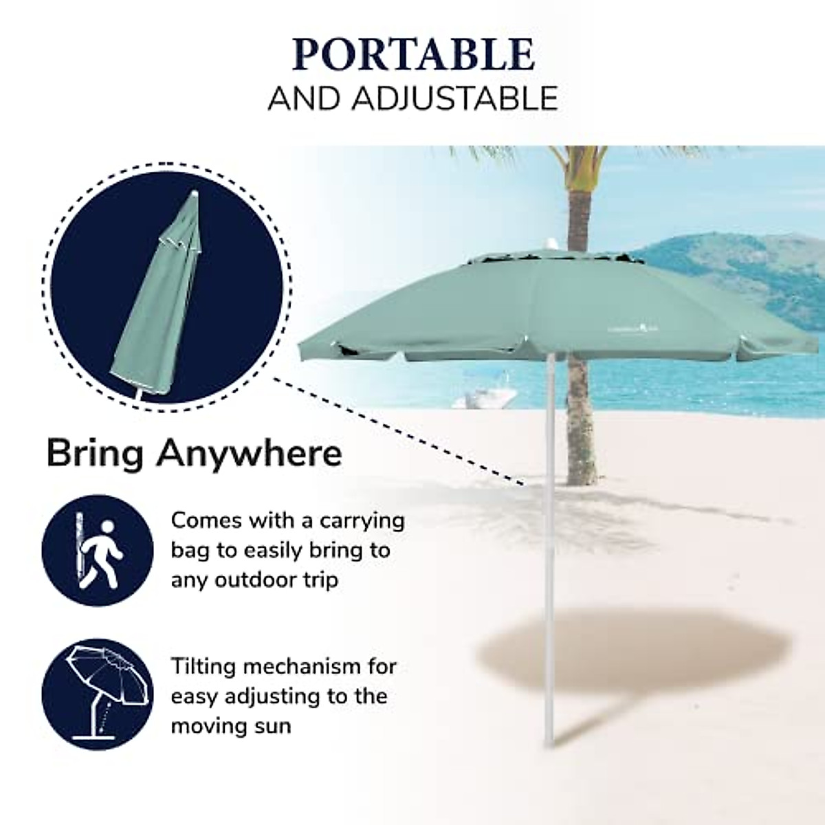 Caribbean Joe Chaby International Portable, Adjustable Tilt Beach Umbrella with UV Protection, Mint, 7 FT