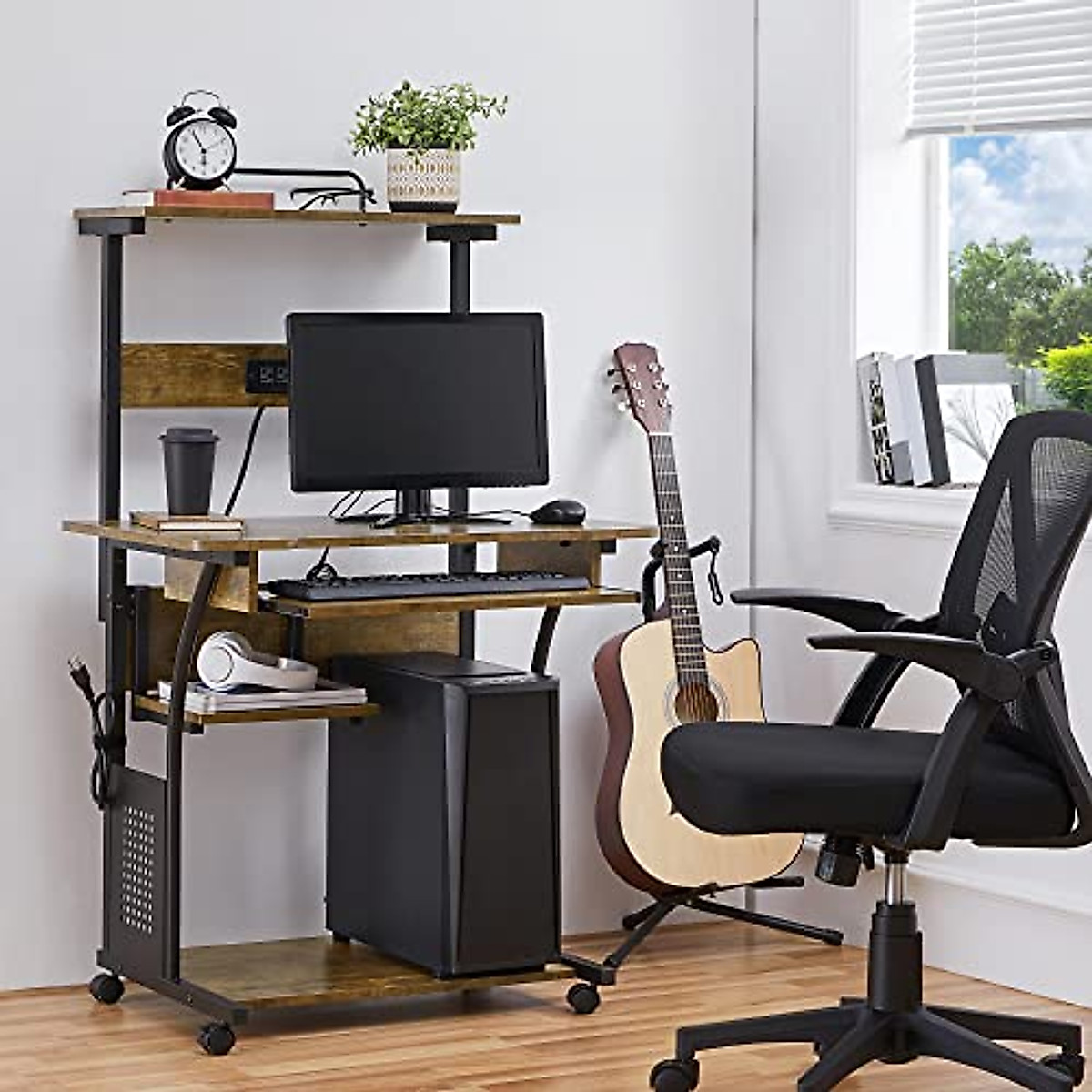 Yaheetech 3 Tiers Rolling Computer Desk on Wheels with Charging Station and Keyboard Tray, Mobile Home Office Desk PC Laptop Workstation with Power Outlet and USB Ports for Home Studying, Rustic Brown