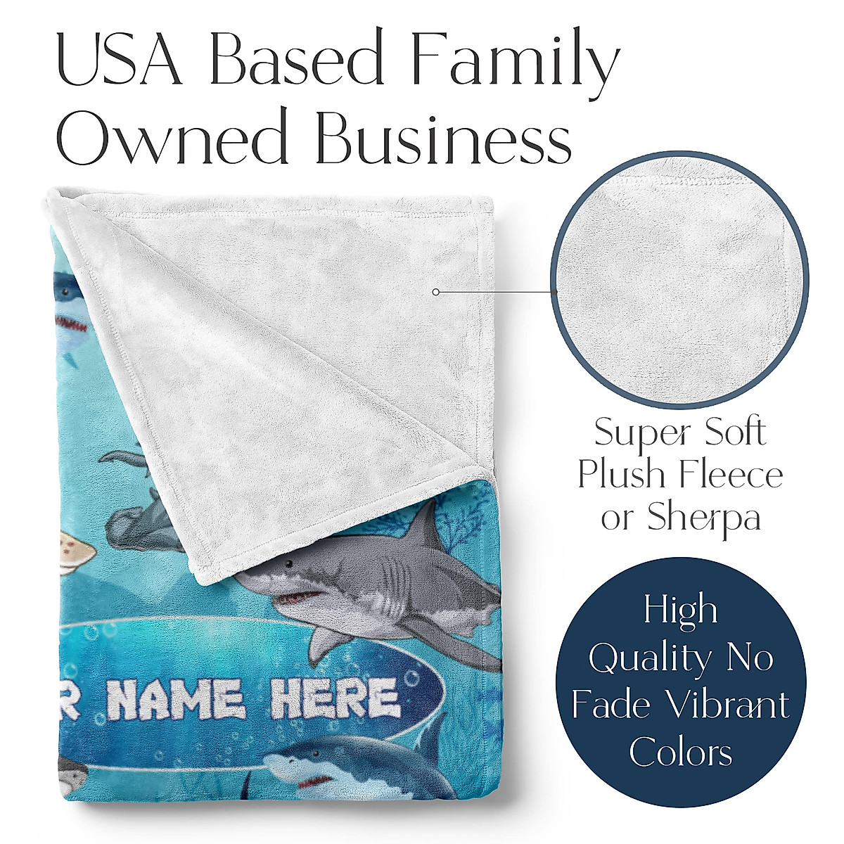 Personalized Shark Blanket for Kids - Ships Next Day and Made in USA - Soft Fleece Throw Bed, Cute Room Decor, Plush Sofa Couch Cover, Lightweight Baby Shark Toys, Custom Gift (Fleece – 50x60)