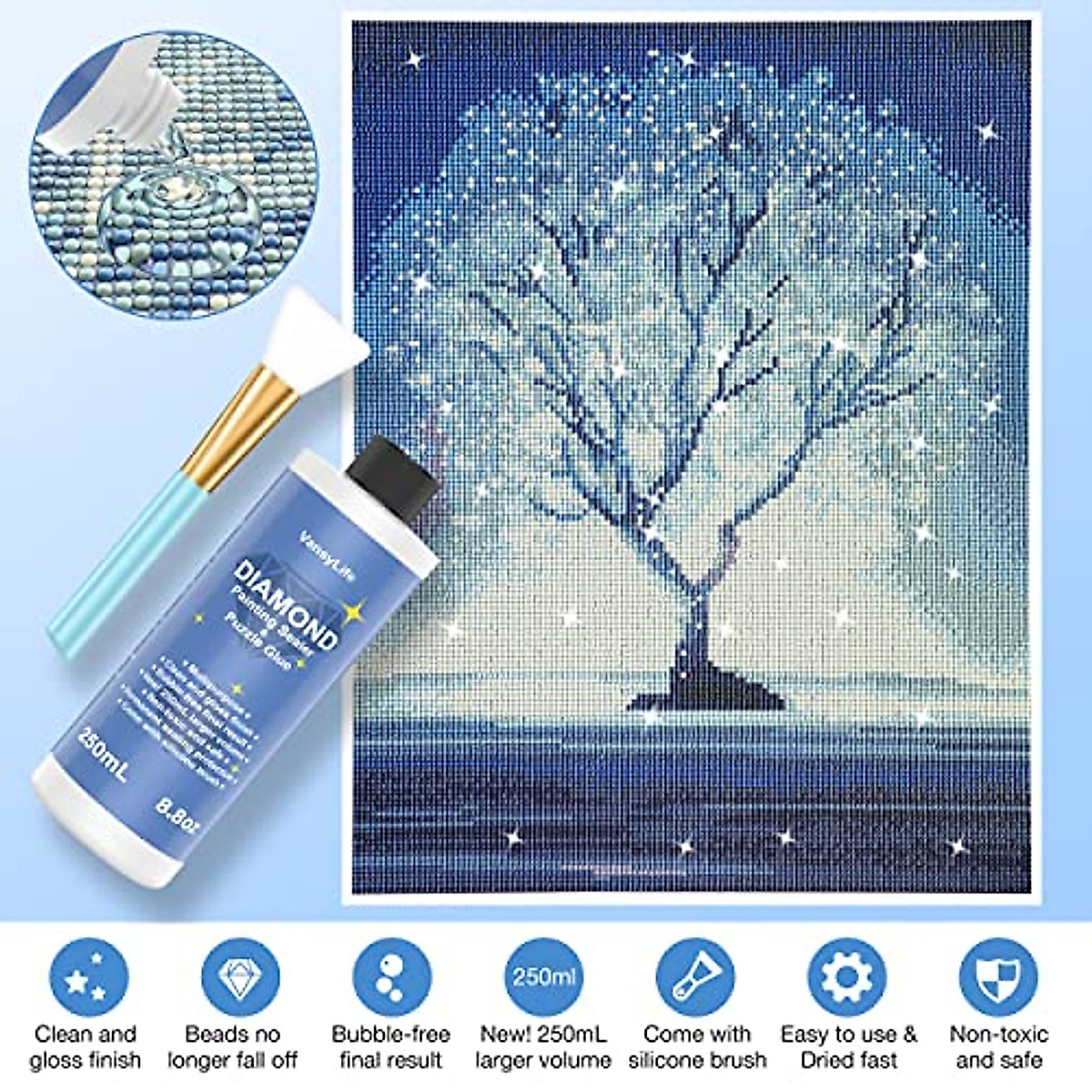 VansyLife Updated Diamond Painting Sealer 250ML with Silicone Brush, 5D Diamond Painting Glue Accessories Permanent Hold & Shine Effect for Diamond Painting and Jigsaw Puzzles (8.8 OZ)