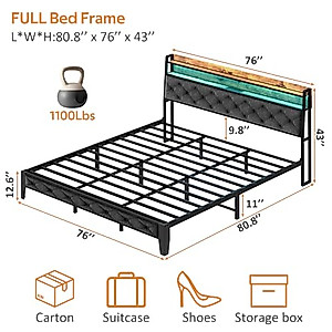 Winkalon King Bed Frame with Headboard, Bed Frame with Charging Station, Metal Platform Bed Frame King Size No Box Spring Needed, Modern Wood Upholstered Headboard and Under Bed Storage