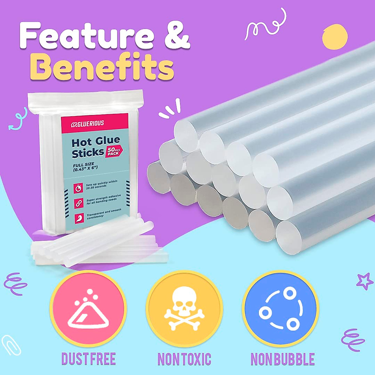 50pcs Full Size Hot Glue Sticks for Large Glue Gun, 0.43x6 inches Large Glue Sticks, Bulk-Pack for Arts Crafts DIY Fabric Gluing & More