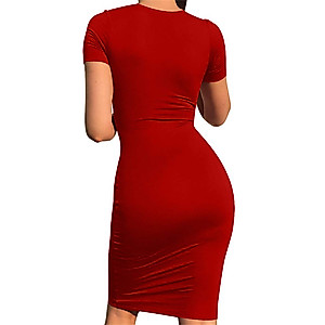 GOBLES Women's Short Sleeve Casual Bodycon Midi Elegant Cocktail Party Dress Red