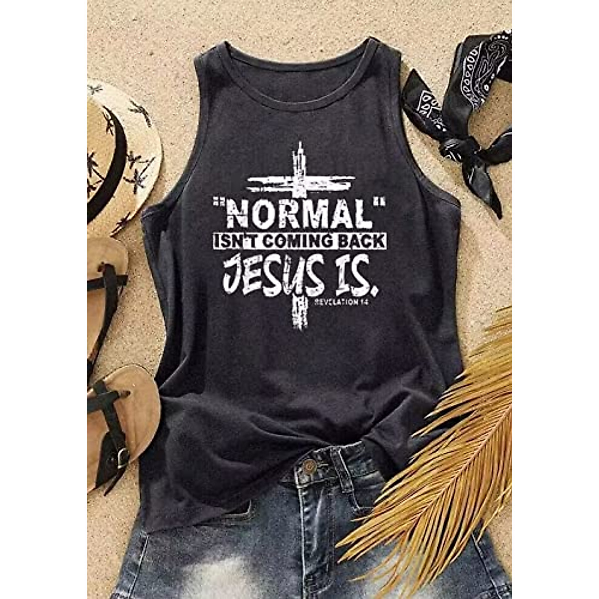Normal Isn't Coming Back Jesus is Revelation 14 Tank Top Women Faith Jesus Cross Tank Christian Letter Print Tee Tops（Small,Dark Grey