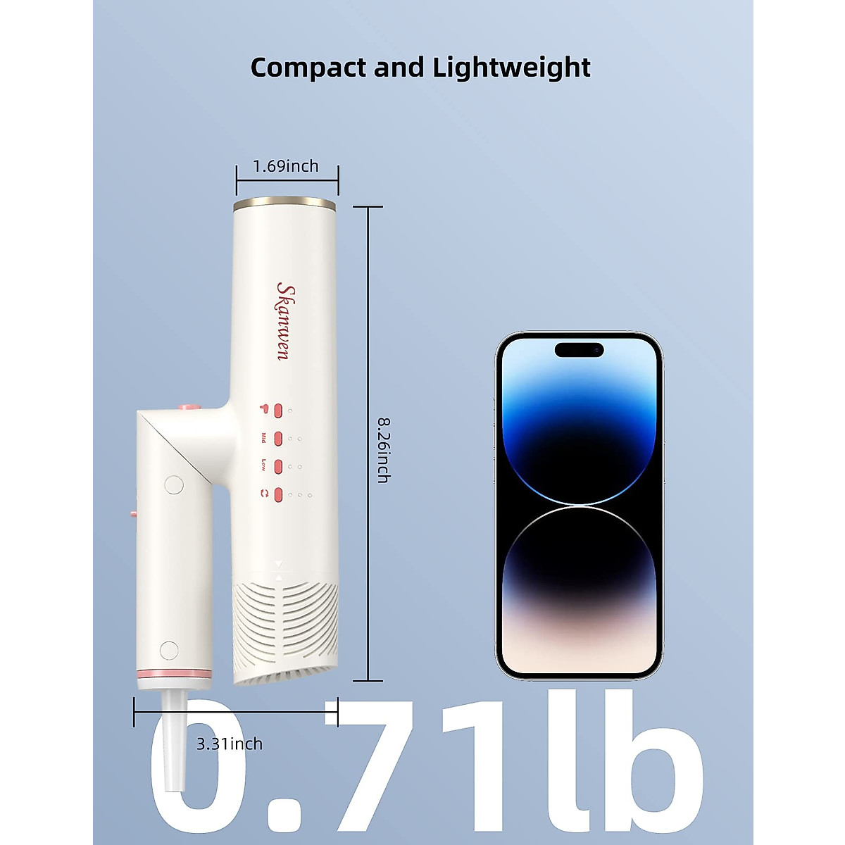 SKANWEN Hair Dryer, Professional Ionic Blow Dryer with 110,000 RPM Brushless Motor for Fast Drying, Foldable Body Design,4 Temps & 3 Speeds,NO Heat Damage Quiet for Home Travel (White)