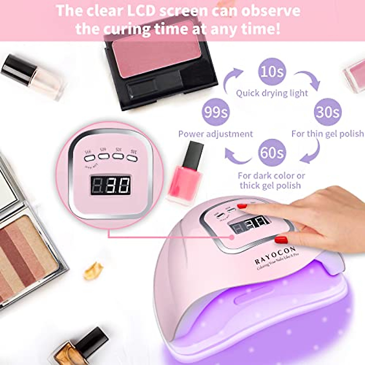 RAYOCON UV LED Gel Nail Lamp 120W, Professional UV Nail Light for Gel Polish Fast Curing with 45 Lamp Beads, Lightweight LED Gel UV Nail Dryer for Salon Home, Pink