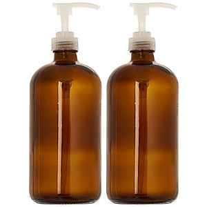 kitchentoolz 32 Ounce Large Amber Glass Boston Round Bottles w/Natural Color Pumps. Great for Lotions, Soaps, Laundry Detergent and Essential Oils - Food Safe and Medical Grade (Pack of 2)