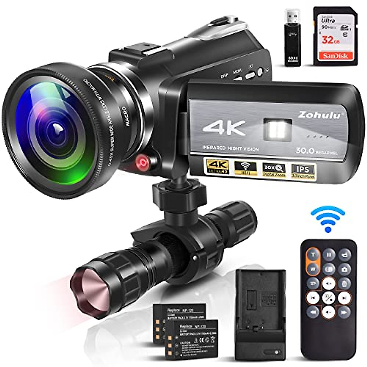 4K Video Camera Camcorders 30MP Ultra HD Infrared Night Vision Wifi Vlogging Camera for YouTube 30X Digital Zoom Touch Screen Camera Recorder with Wide-Angle Lens,32GB SD card、Infrared Flashlight